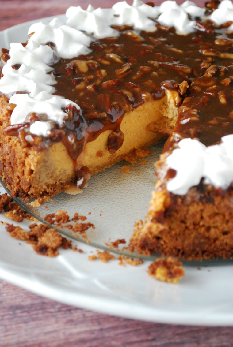 Easy Pumpkin Cheesecake with Praline Sauce - The Gingered Whisk