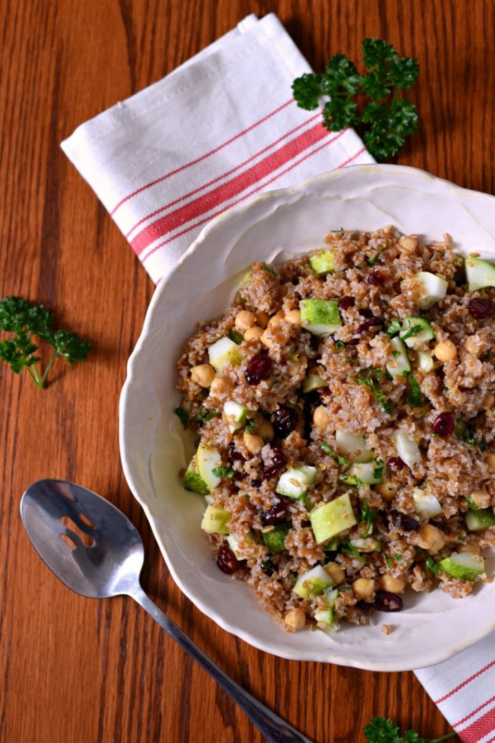 Easy Bulgur Salad Recipe with Cranberries, Chickpeas and Cucumbers