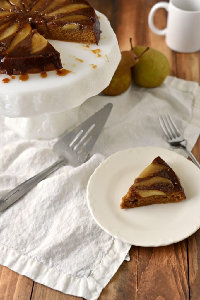 Upside Down Gingerbread Pear Cake - The Gingered Whisk