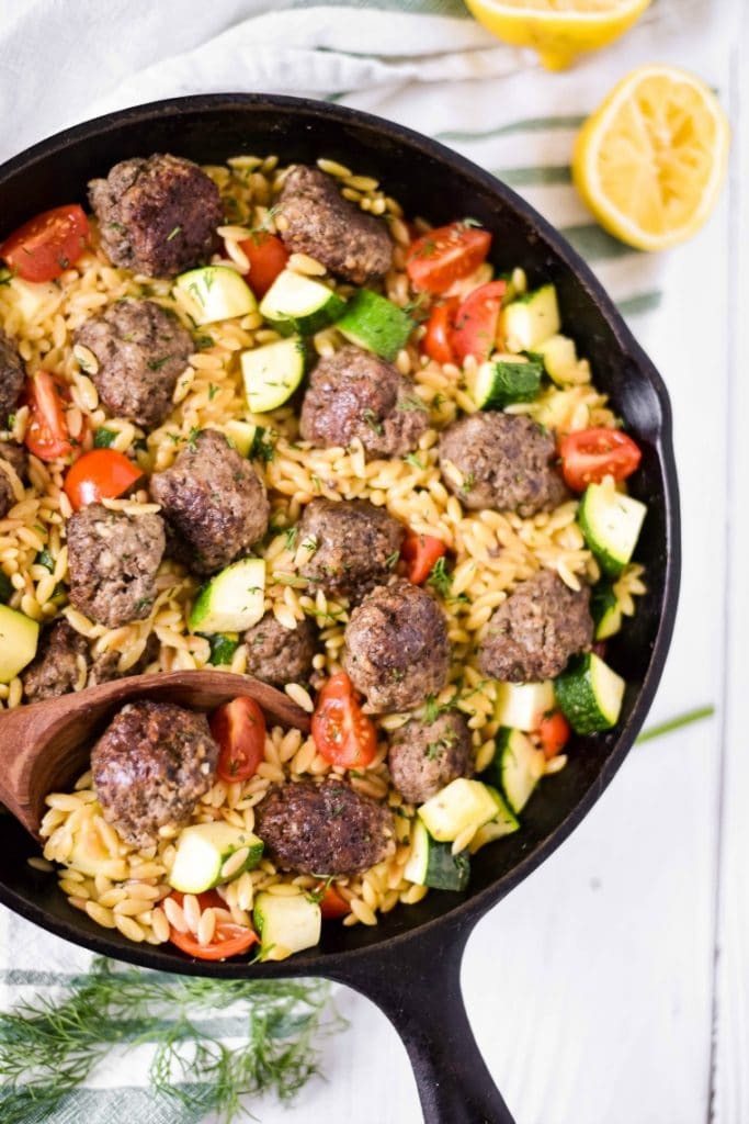 Greek Meatballs and Lemon Orzo Skillet - The Gingered Whisk