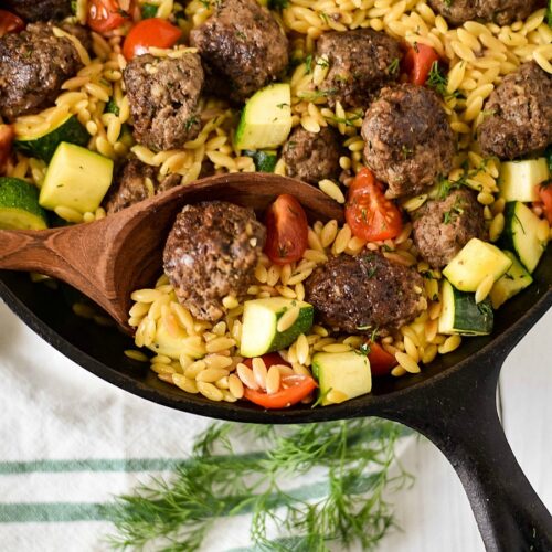 Greek Meatballs and Lemon Orzo Skillet - The Gingered Whisk