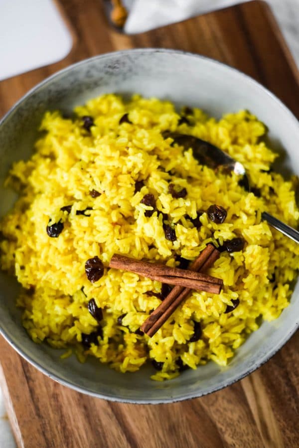 South African Yellow Rice with Raisins - The Gingered Whisk